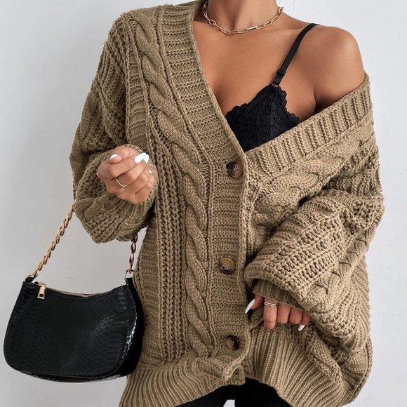 MODA ME COUTURE | Sweaters | Cocoa Tan Oversized Cable Knit Button Down ...